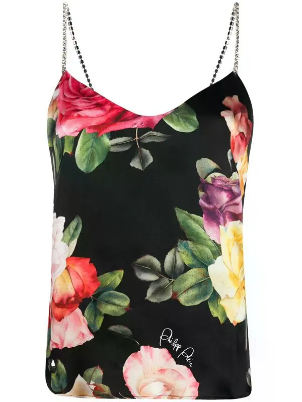 Philipp Plein Holiday Flowers Print Silk Vest Top - Black