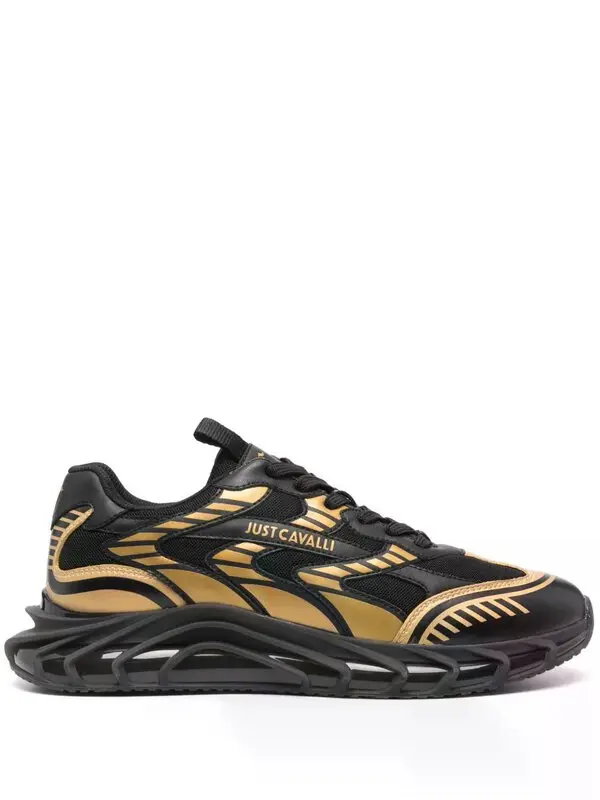 Just Cavalli Panelled Calf Leather And Mesh Sneakers - Black