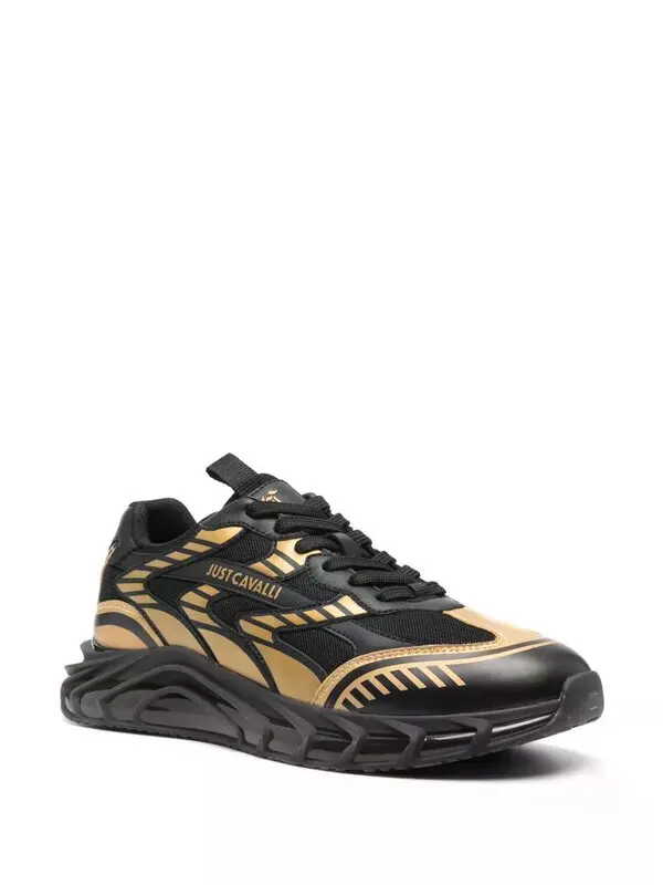 Just Cavalli Panelled Calf Leather And Mesh Sneakers - Black