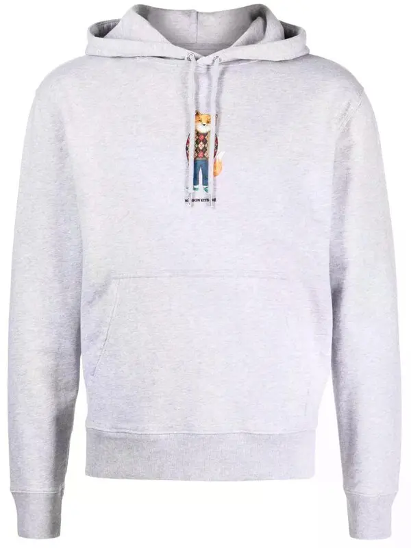 Maison Kitsuné Fox-print Mélange-jersey Hoodie - Grey