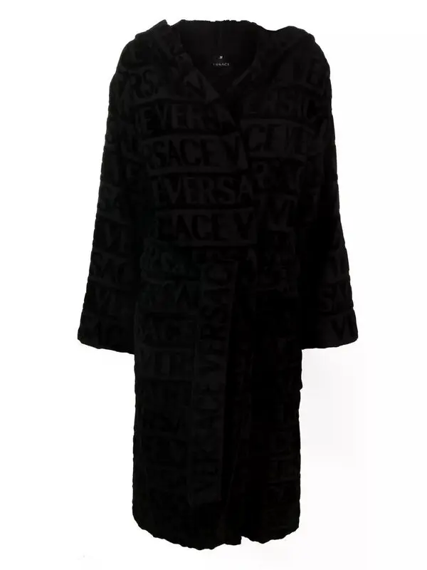 Versace Monogram-pattern Hooded Bathrobe - Black
