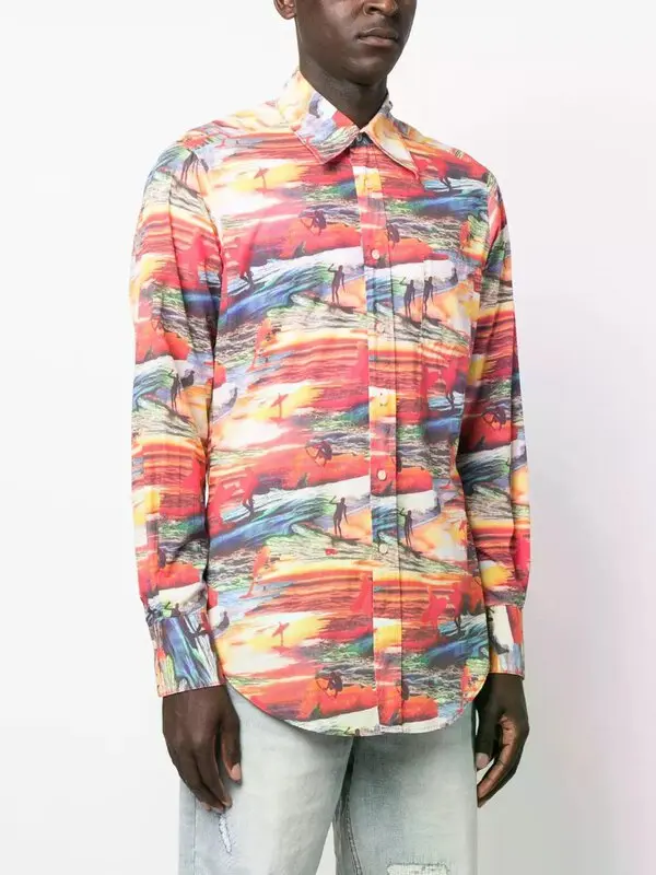 ERL Sunset-print Cotton Shirt - Red