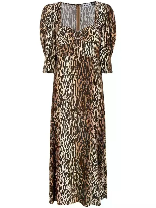 Rixo Leopard-print Midi Dress With Crystal Buckle