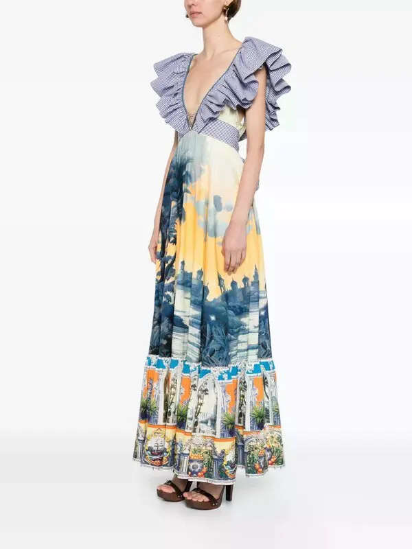 Camilla Frill-neck Dress - Blue
