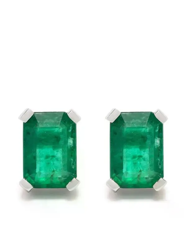 Shay 18kt White Gold Emerald And Diamond Stud Earrings - Silver