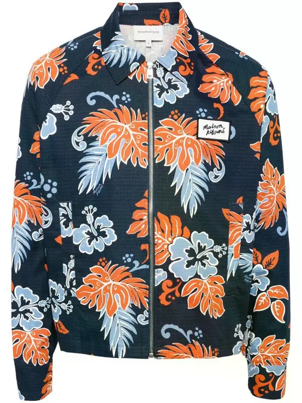 Maison Kitsuné Floral-print Zip-up Cotton Jacket - Blue