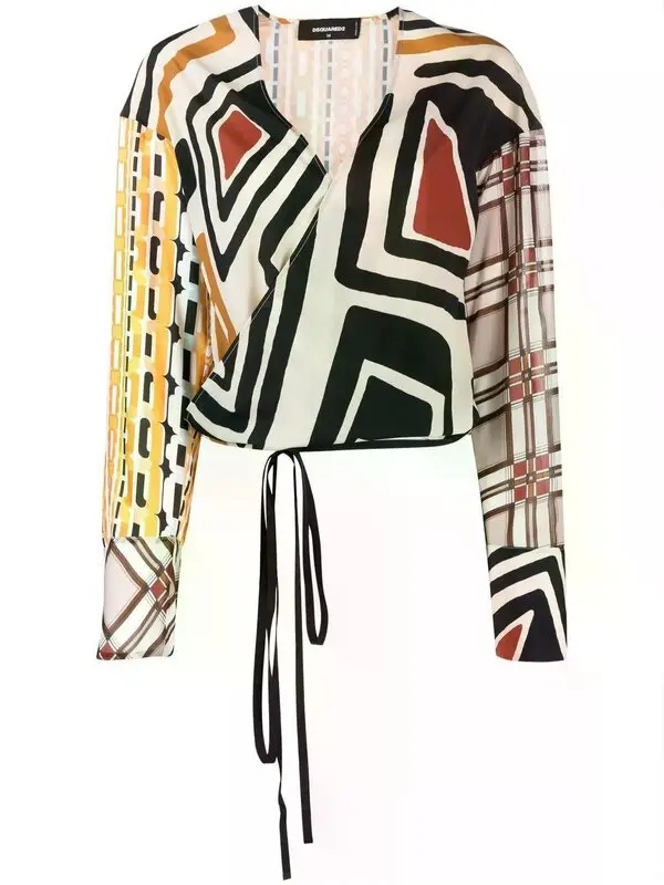 Dsquared2 Geometric-print Wrap-front Blouse - Neutrals