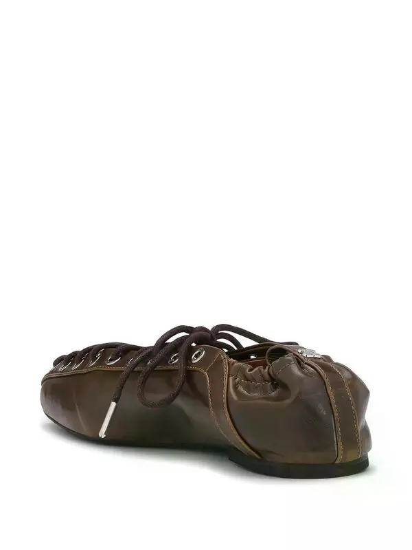 GANNI Lace-up Leather Ballerina Shoes - Brown