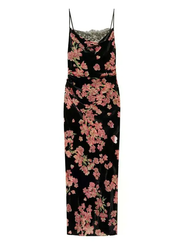 TWINSET Floral Velvet Slip Dress - Black