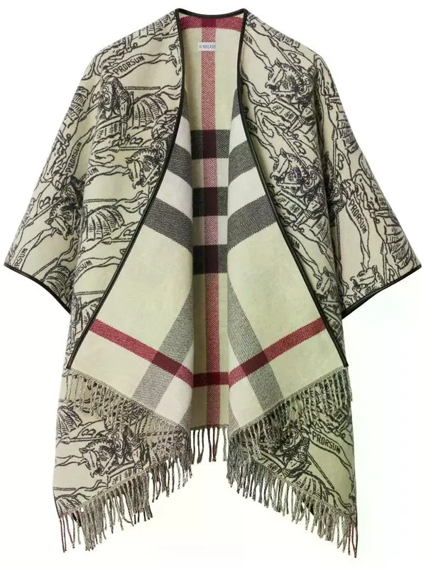 Burberry Equestrian Knight Wool Poncho With Fringe - Neutrals