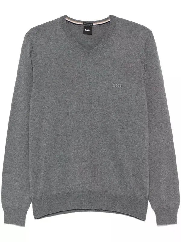 BOSS Virgin Wool Ribbed Knit V-neck Sweater