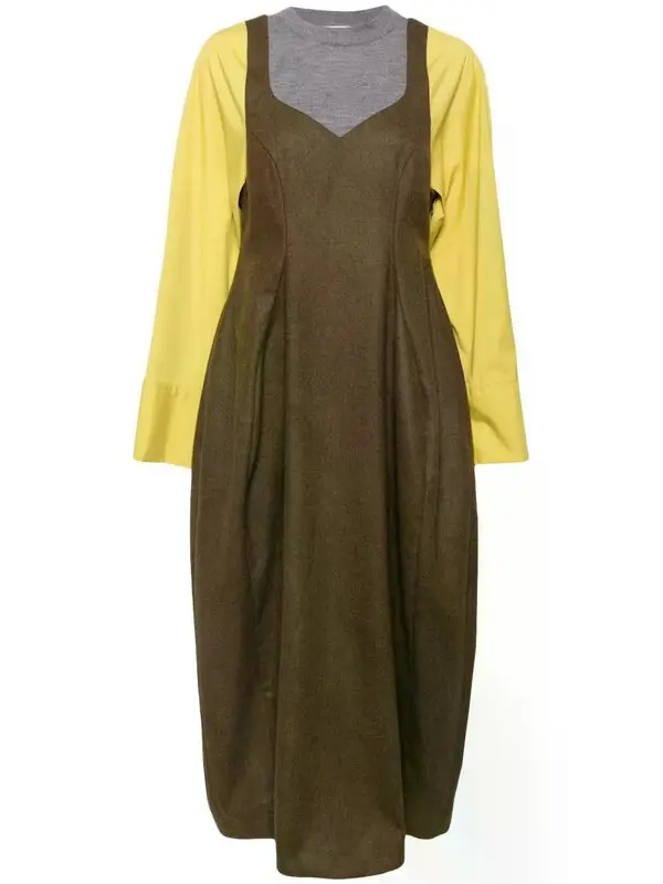 ENFOLD Contrasting Long-sleeves Maxi Dress - Brown