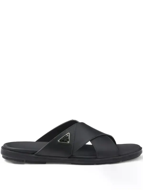 Prada Criss-cross Leather Sandals With Enamelled Triangle Logo