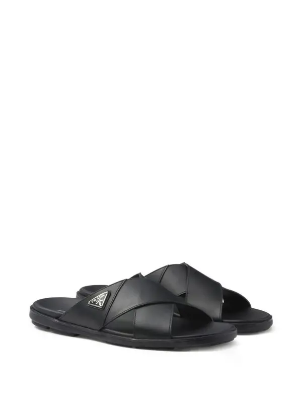 Prada Criss-cross Leather Sandals With Enamelled Triangle Logo