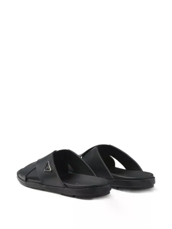 Prada Criss-cross Leather Sandals With Enamelled Triangle Logo