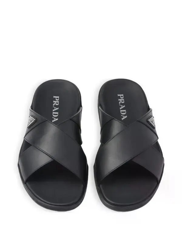 Prada Criss-cross Leather Sandals With Enamelled Triangle Logo