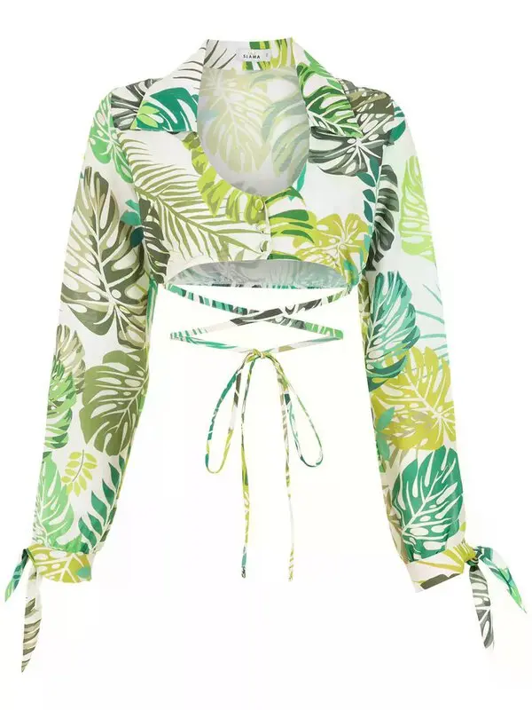 AMIR SLAMA Palm Leaf Print Cropped Shirt - Green