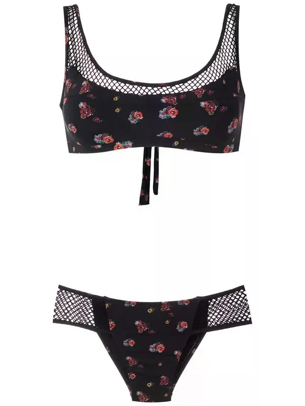 AMIR SLAMA Mesh Panels Printed Bikini Set - Black