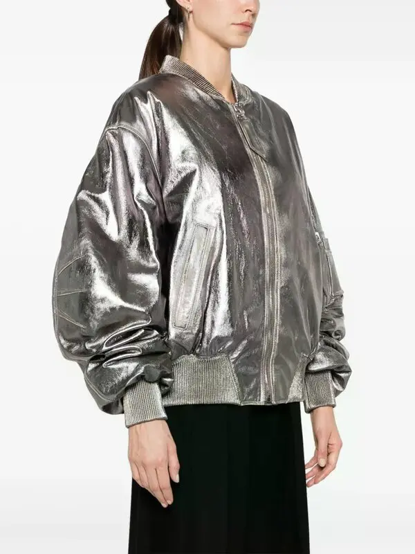 Attico Anja Metallic Leather Bomber Jacket - Silver