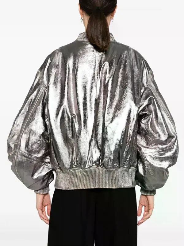 Attico Anja Metallic Leather Bomber Jacket - Silver