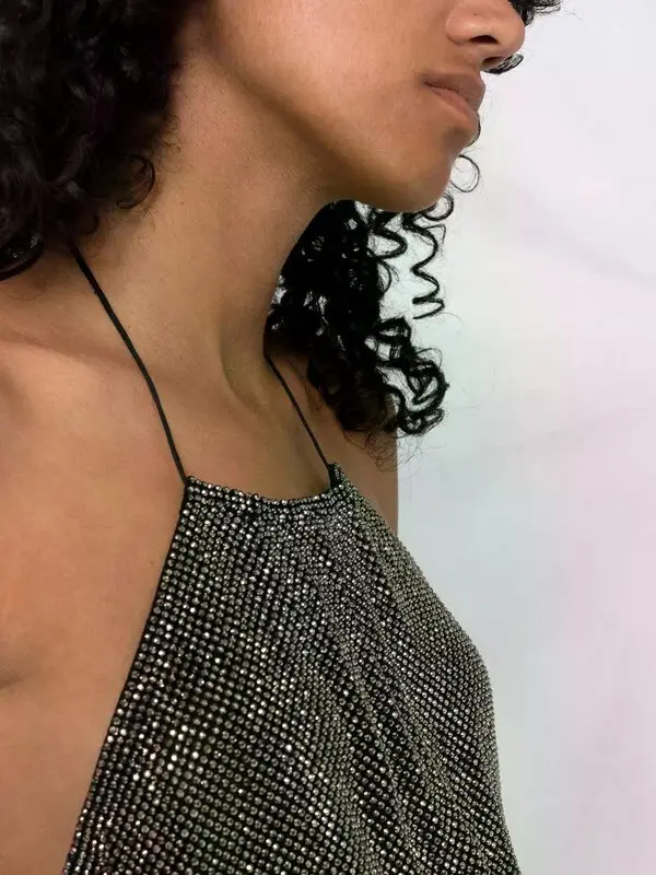 MANURI Metallic Halterneck Backless Blouse