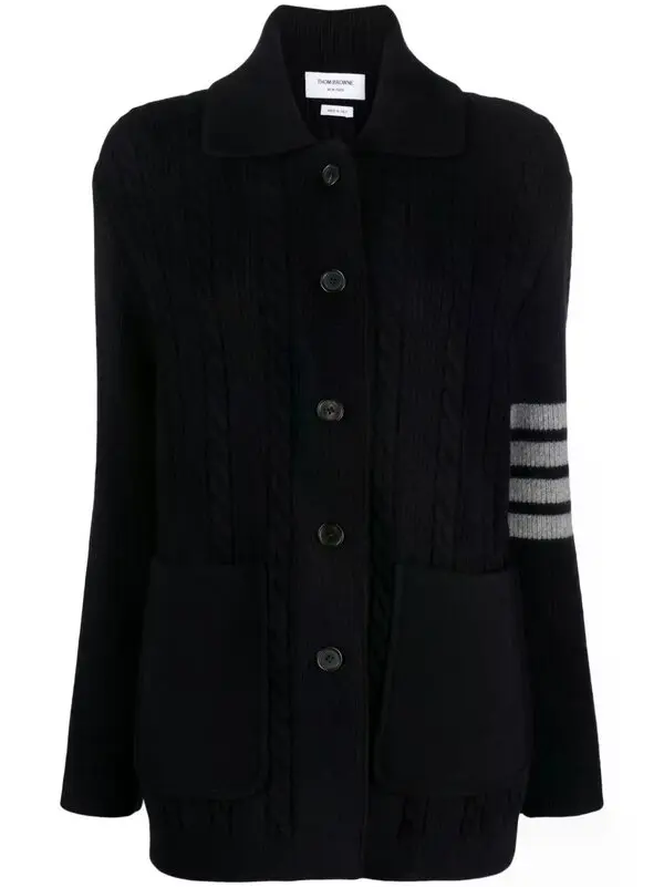 Thom Browne Cable-knit Cardigan With Signature Stripe Detail - Blue