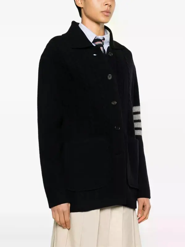 Thom Browne Cable-knit Cardigan With Signature Stripe Detail - Blue