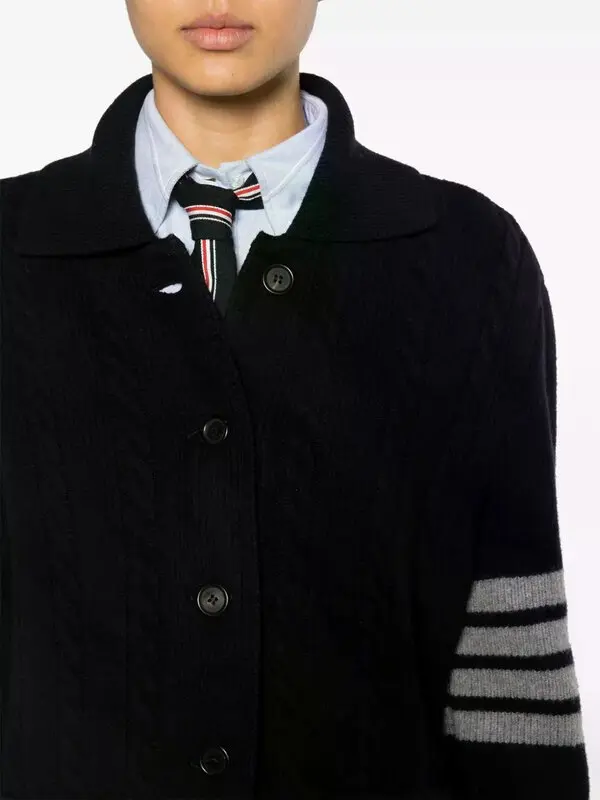 Thom Browne Cable-knit Cardigan With Signature Stripe Detail - Blue