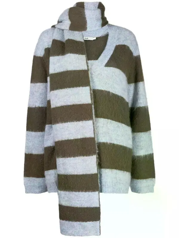 B+AB Stripe-pattern V-neck Jumper With Attached Scarf - Blue