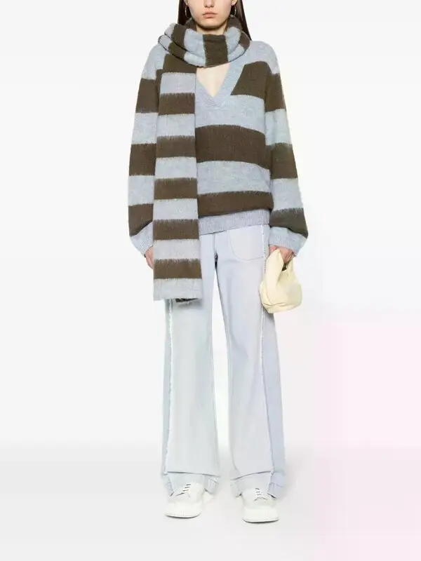 B+AB Stripe-pattern V-neck Jumper With Attached Scarf - Blue