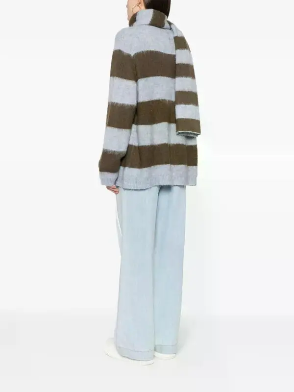 B+AB Stripe-pattern V-neck Jumper With Attached Scarf - Blue