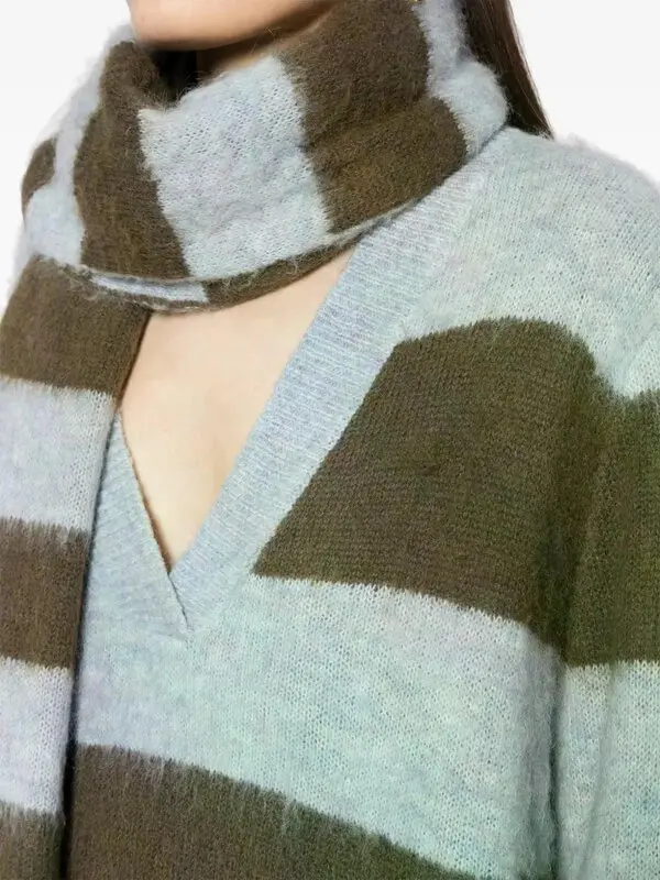 B+AB Stripe-pattern V-neck Jumper With Attached Scarf - Blue