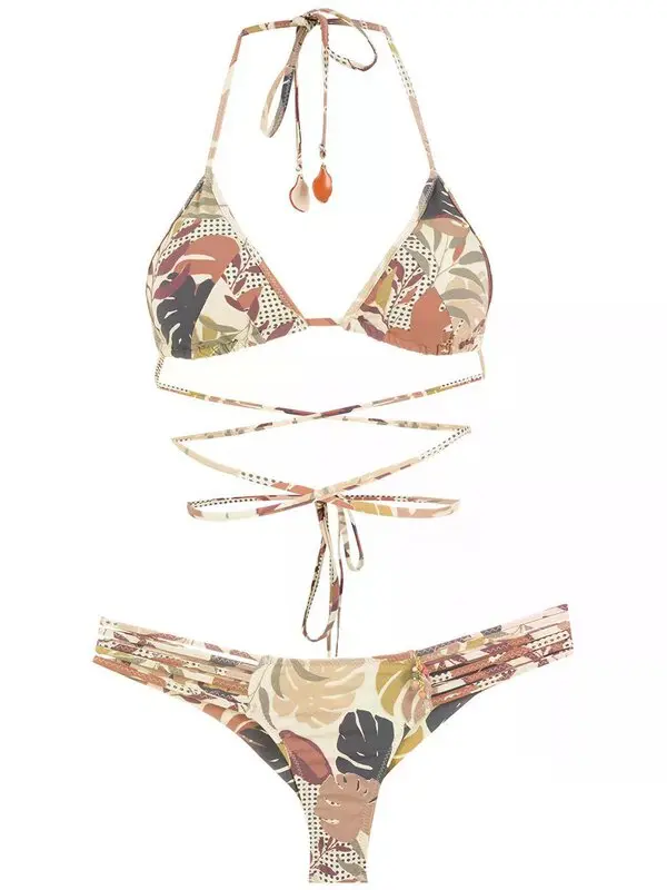 AMIR SLAMA Palm Leaf Print Bikini - Neutrals