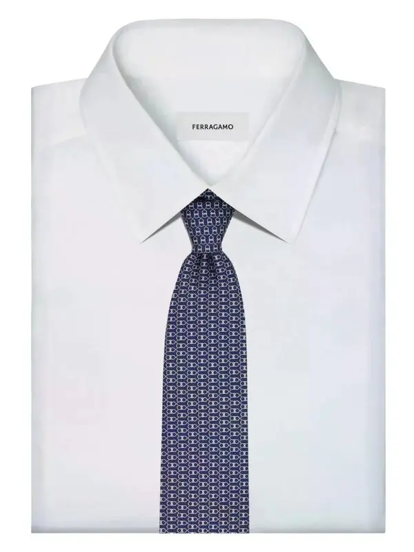 FERRAGAMO Gancini Print Neck Tie - Blue