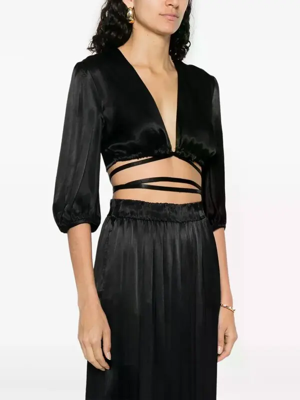 MOUTAKI Satin V-neck Cropped Blouse With Tie Fastening - Black