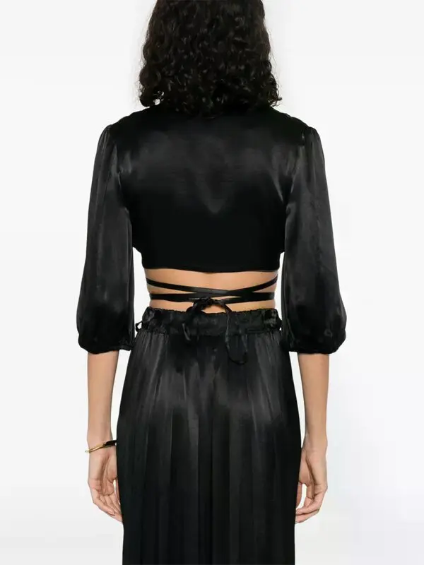 MOUTAKI Satin V-neck Cropped Blouse With Tie Fastening - Black