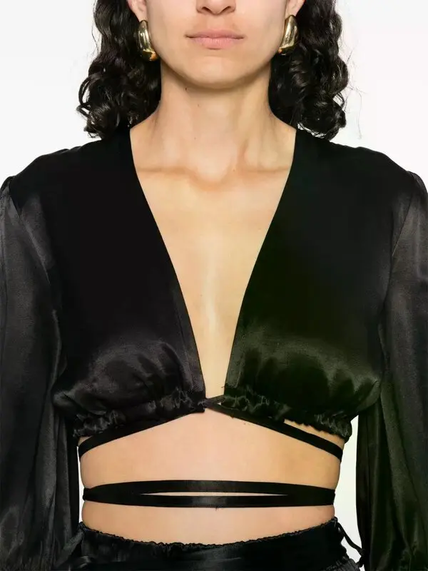 MOUTAKI Satin V-neck Cropped Blouse With Tie Fastening - Black
