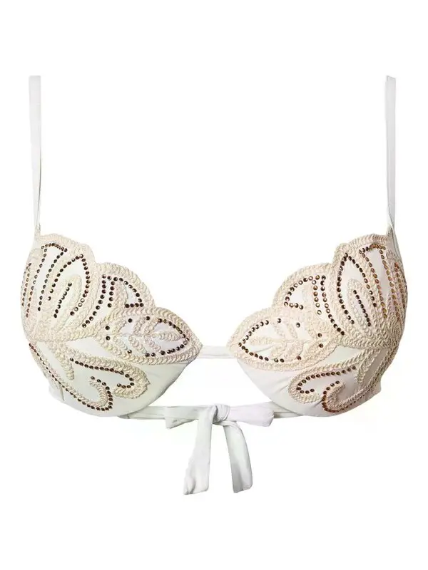 TWINSET Rhinestone-embellished Embroidered Bikini Top - White
