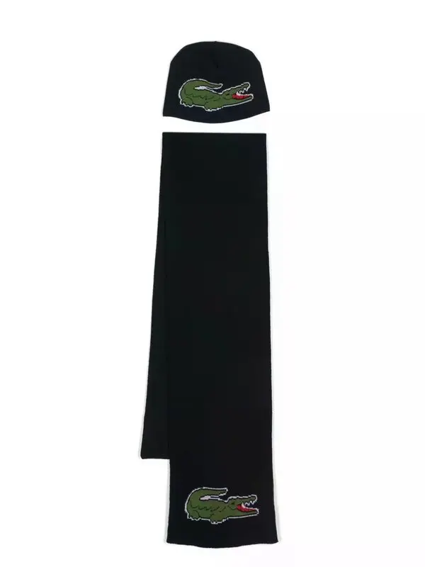 Lacoste Logo-intarsia Scarf And Beanie Set - Blue