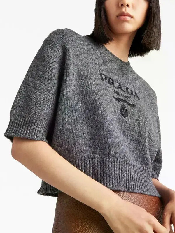 Prada Logo Intarsia Cropped Wool Sweater
