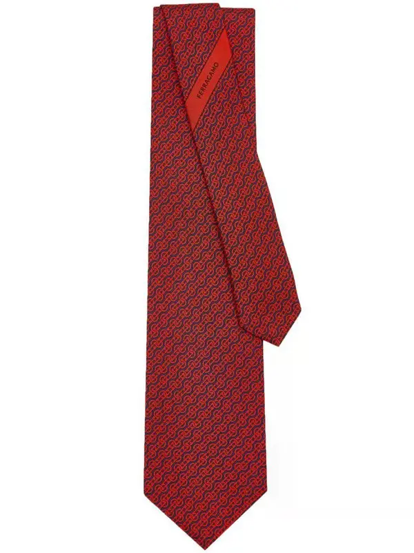 FERRAGAMO Gancini And Chain-link Print Silk Tie - Blue