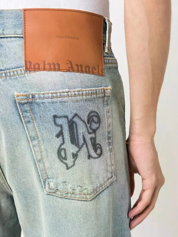 Palm Angels Light Wash Distressed Straight Leg Jeans