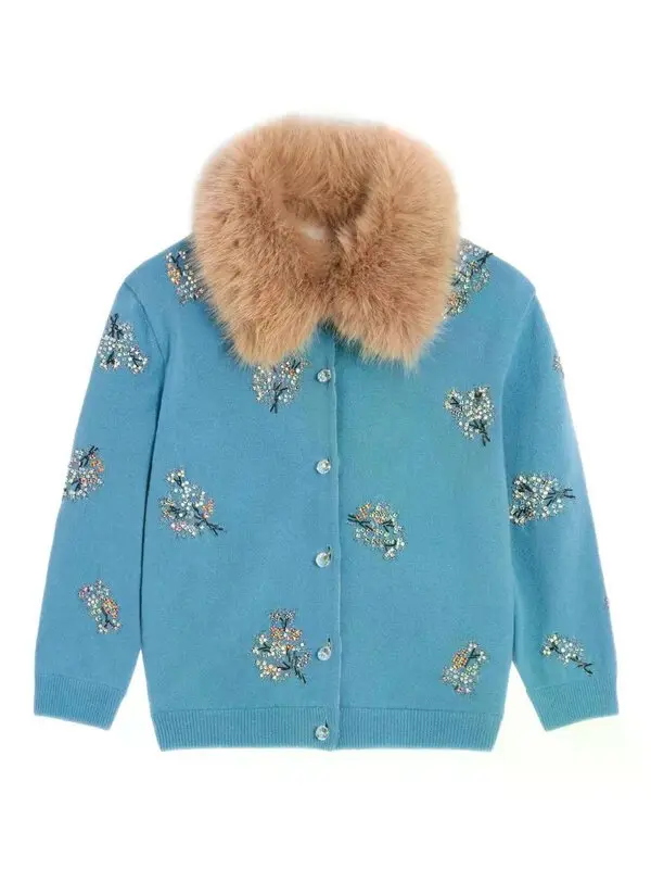 Valentino Garavani Embroidered Wool Cardigan With Faux-fur Collar