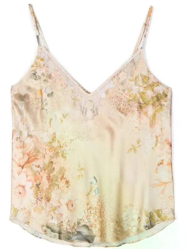 Camilla V-neck Floral Print Silk Top With Lace Trim