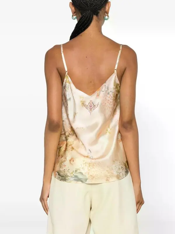 Camilla V-neck Floral Print Silk Top With Lace Trim