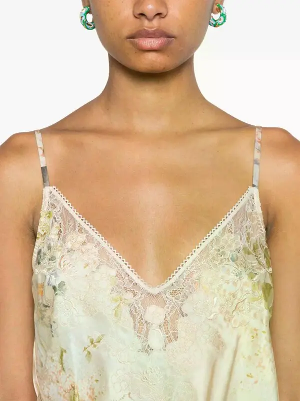 Camilla V-neck Floral Print Silk Top With Lace Trim