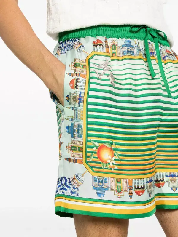 Casablanca City Scape Silk Shorts - Green