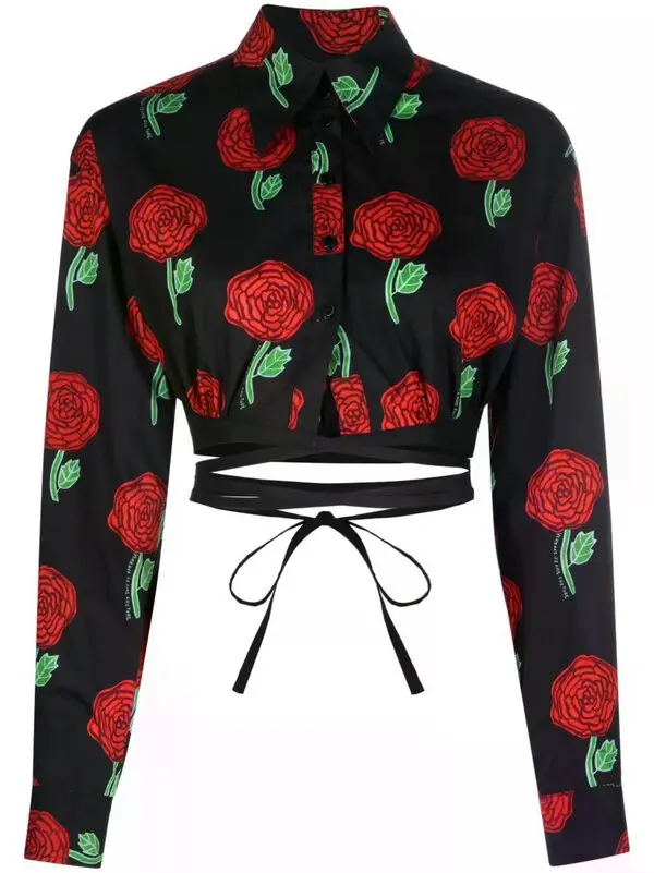 Versace Floral-print Cropped Blouse - Black