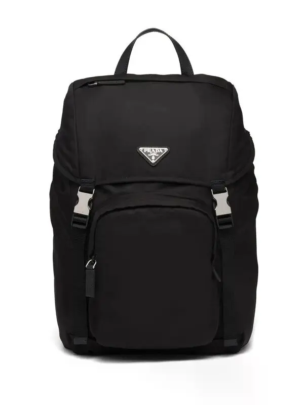 Prada Logo Plaque Drawstring Backpack - Black