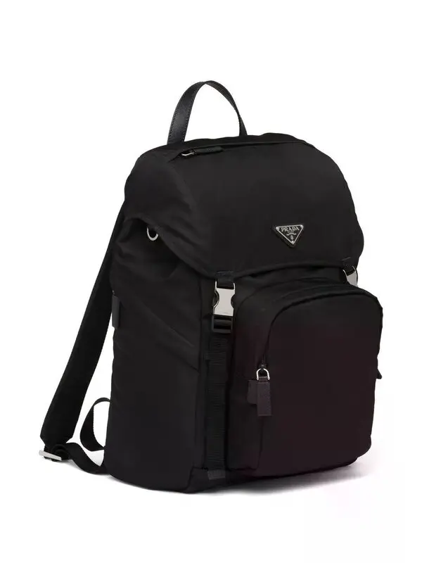 Prada Logo Plaque Drawstring Backpack - Black
